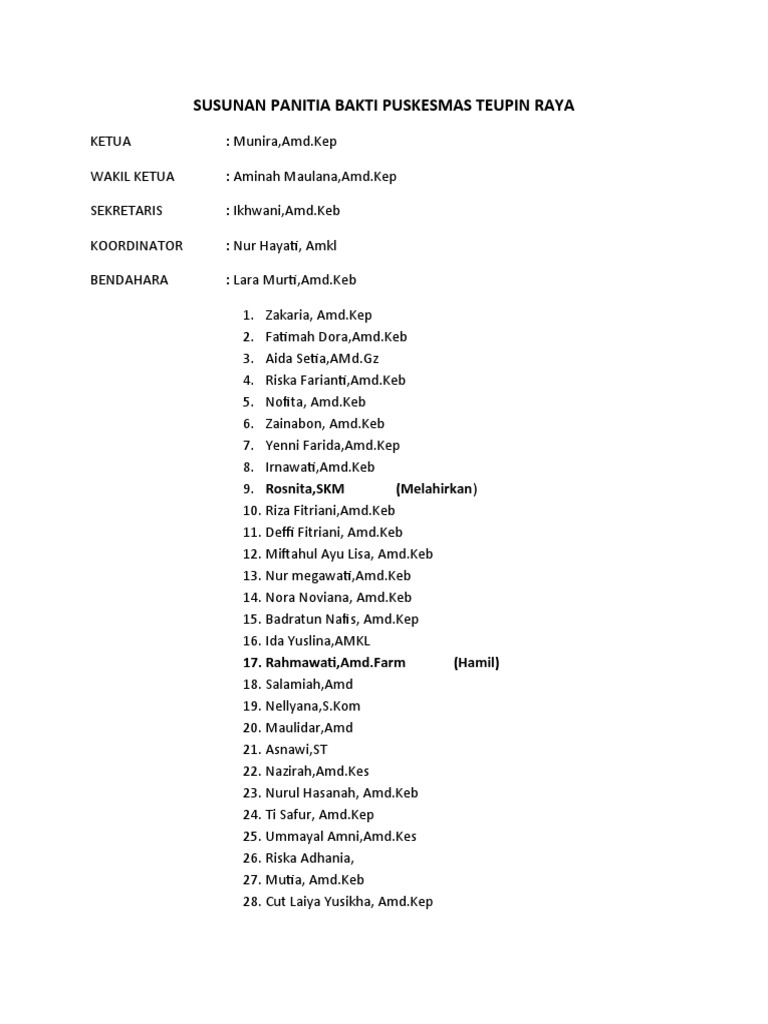 Susunan Panitia Bakti Puskesmas Teupin Raya | PDF | Seni