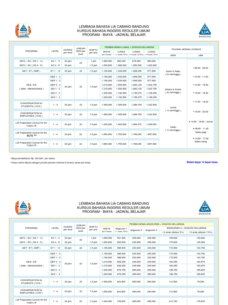 Biaya Kursus-Lb Lia Bandung | PDF