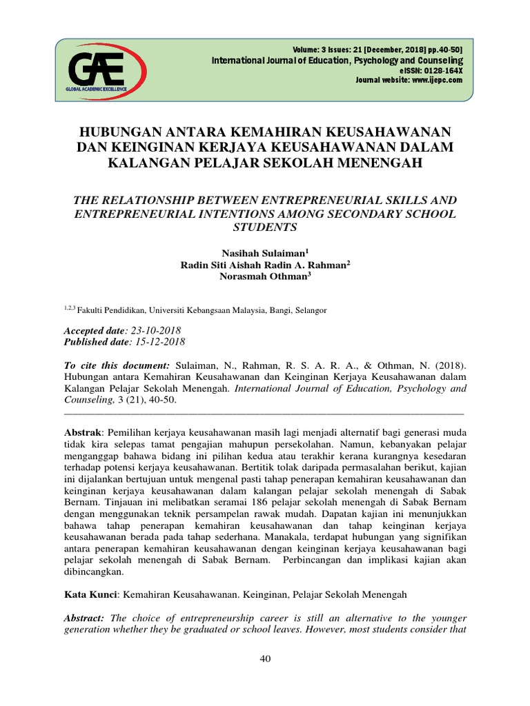 Jurnal - HUBUNGAN ANTARA KEMAHIRAN KEUSAHAWANAN DAN KEINGINAN KERJAYA KEUSAHAWANAN DALAM ...