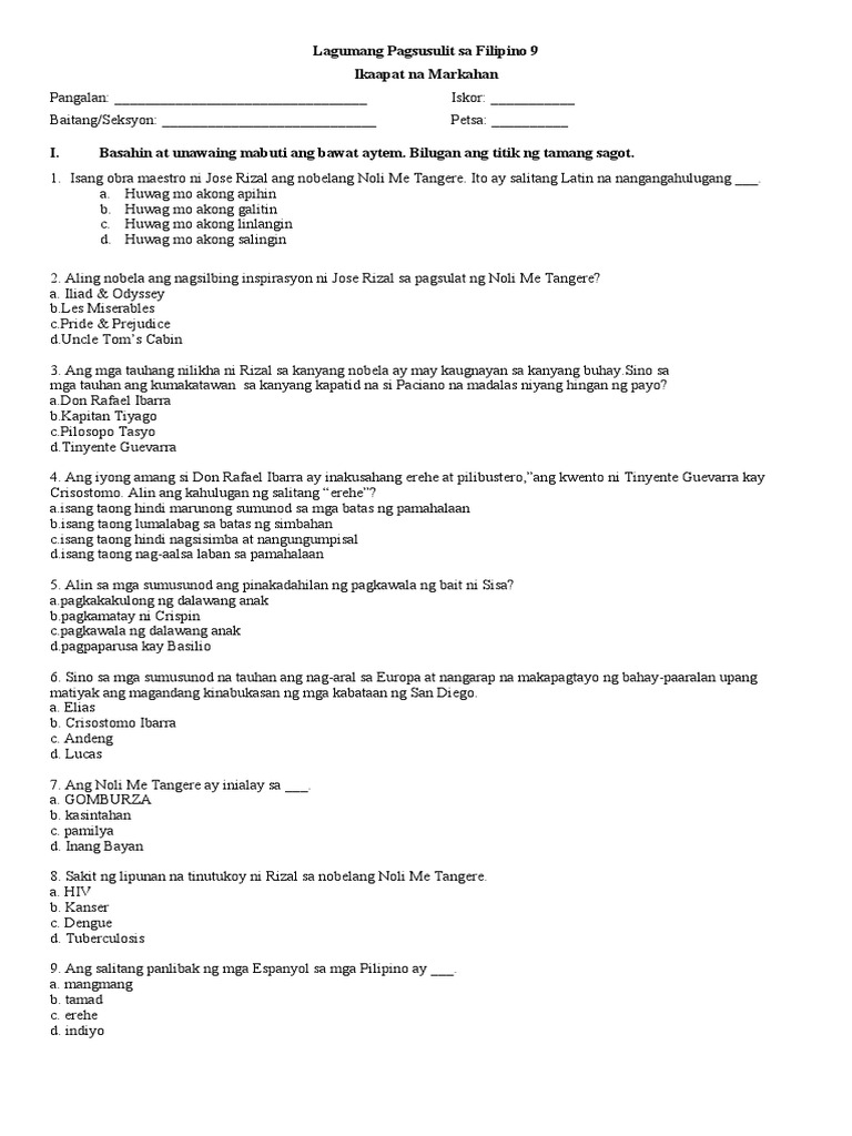 Lagumang Pagsusulit Sa Filipino 9 (4th Quarter) | PDF