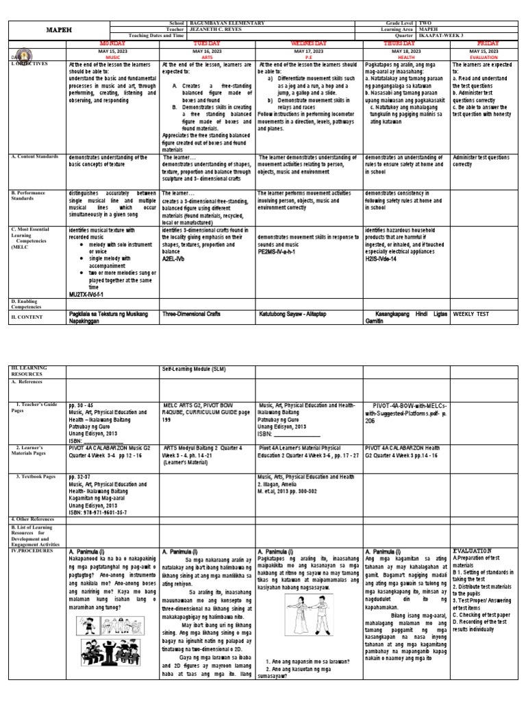 DLL Mapeh2 Q4 W3 | PDF