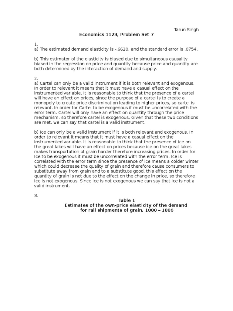 Harvard Ec 1123 Econometrics Problem Set 7 - Tarun Preet Singh | PDF | Ordinary Least Squares ...