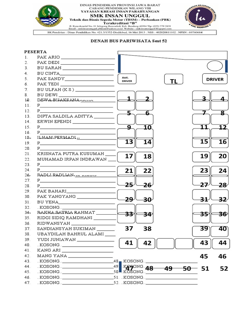 Denah Bus Pariwisata - Seat 52 | PDF