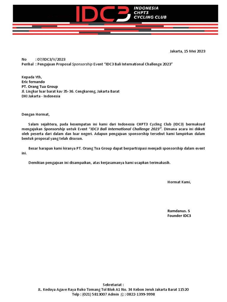 Surat Permohonan Sponsorship Idc3 | PDF