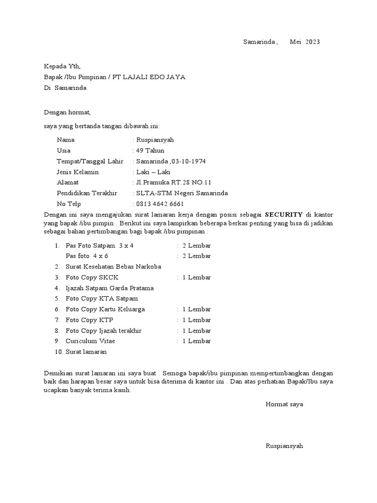 Contoh Surat Lamaran Kerja Terbaru | PDF