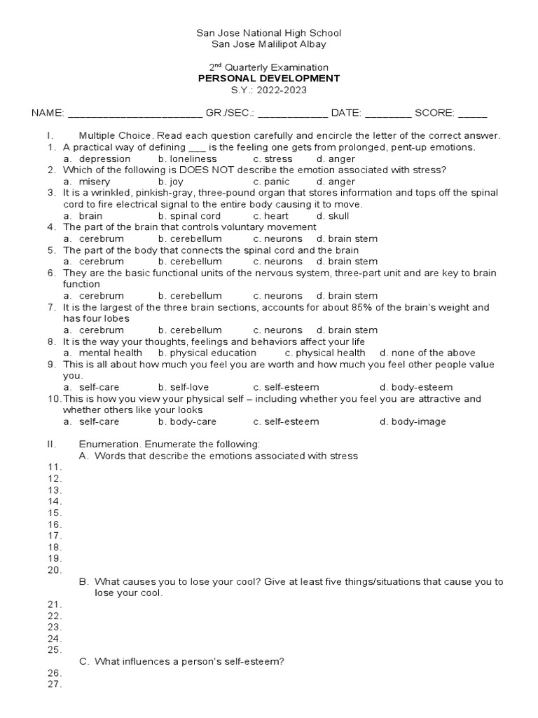 2nd Quarterly examination-PERDEV | PDF