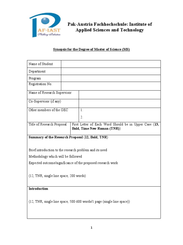 MS Research Proposal Synopsis Template | PDF | Science