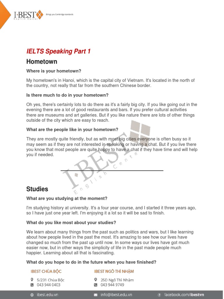 IELTS Speaking Part 1 - IBEST | PDF | Apartment | Leisure