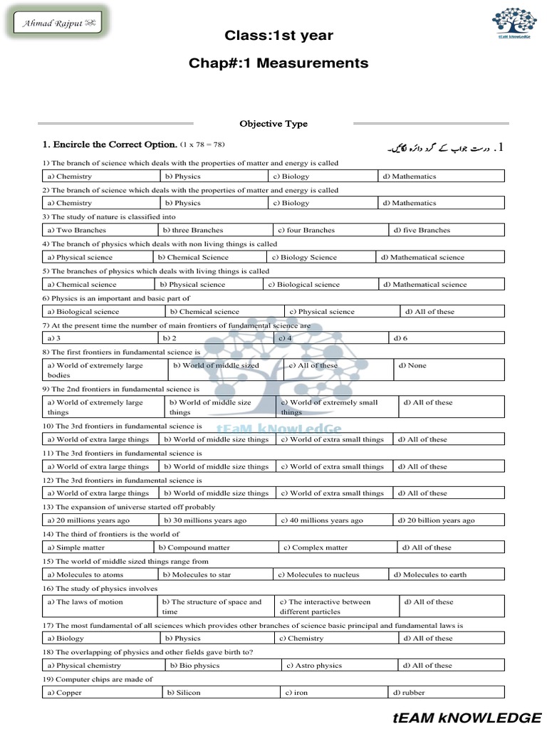 Chap - 1 1st - Year - Physics - MCQs | PDF | Significant Figures ...