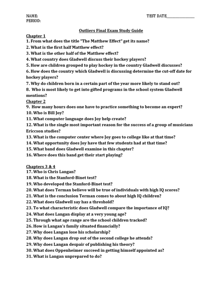 Outliers Study Guide FINAL TEST | PDF