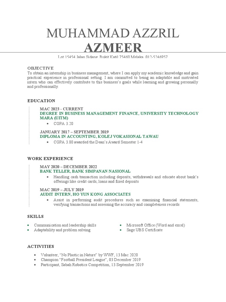 Muhammad Azzril Azmeer (Resumme) | PDF