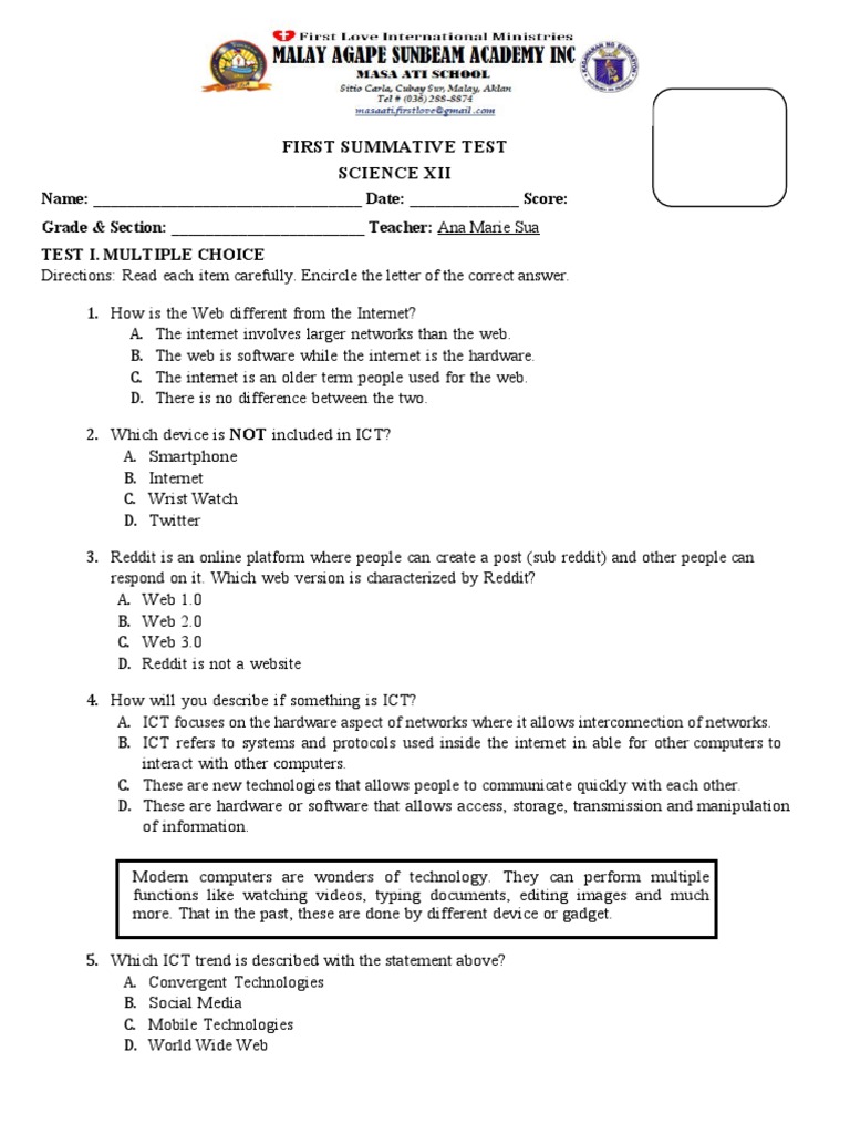 1ST Summative Test in Empowerment of Technology 12 | PDF | Computers