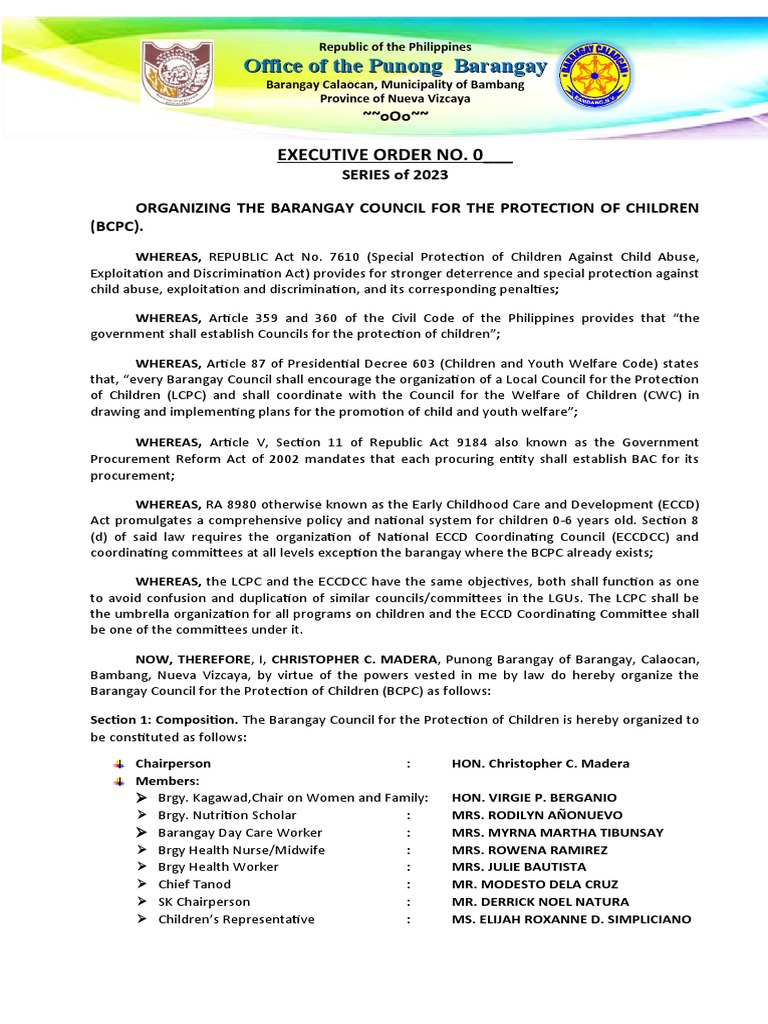 Organizing The Barangay Council For The Protection Ofchildren (BCPC ...