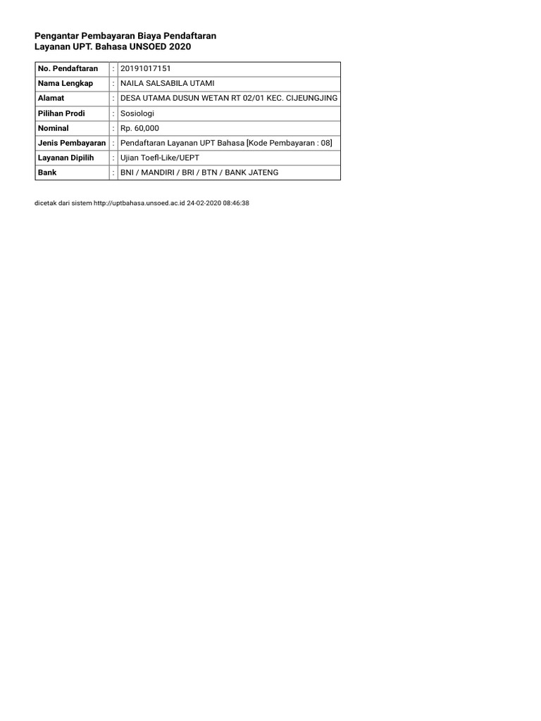 Pembayaran Pendaftaran UPT Bahasa UNSOED | PDF