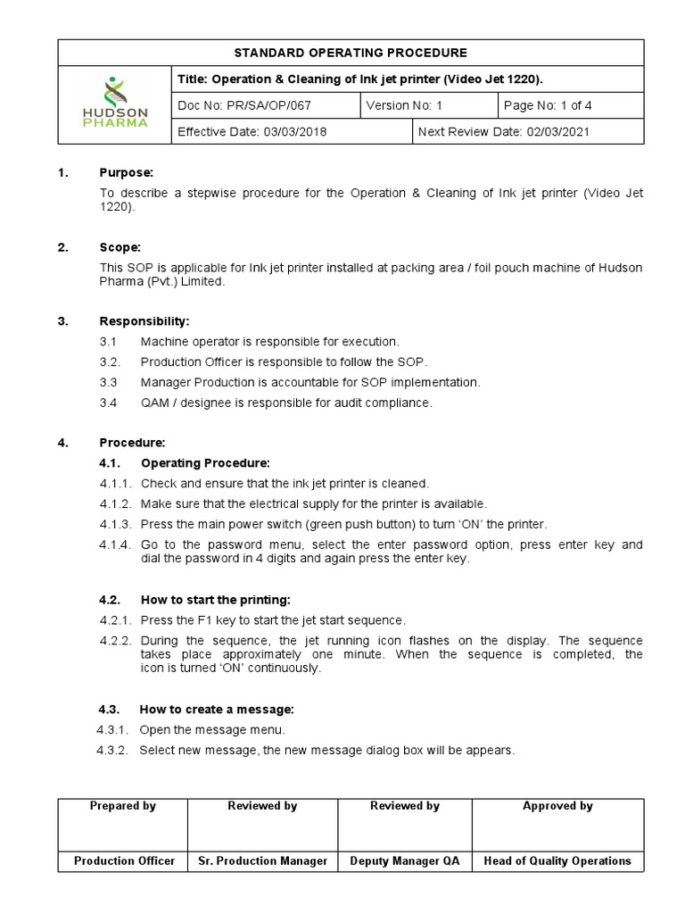 Inkjet Printer Operation SOP: Video Jet 1220 | PDF | Printer (Computing ...