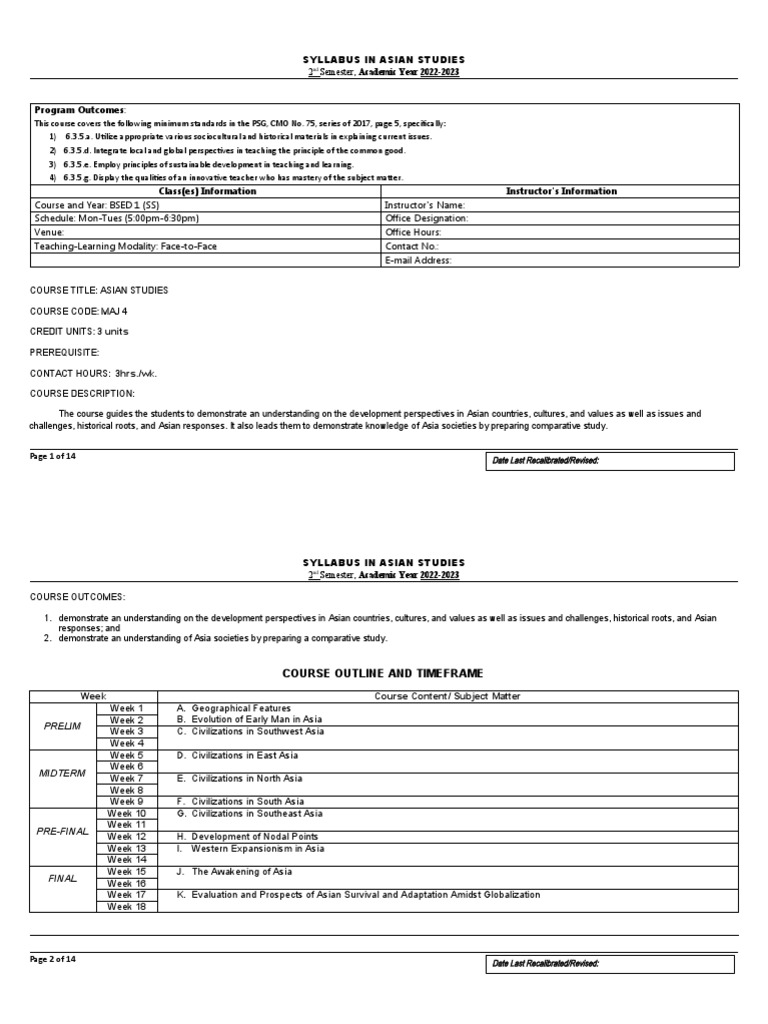 Asian Studies Syllabus | PDF | Mongol Empire | Asia