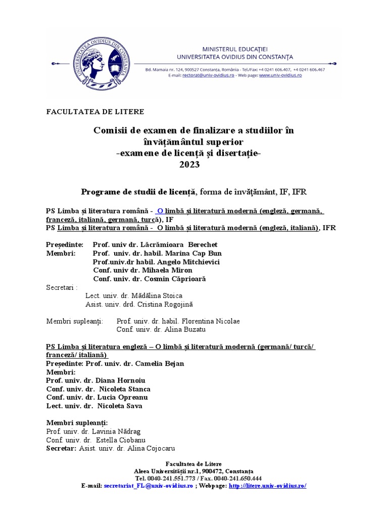 2 LITERE Comisii Finalizare Studii Licenta Master 2023 | PDF