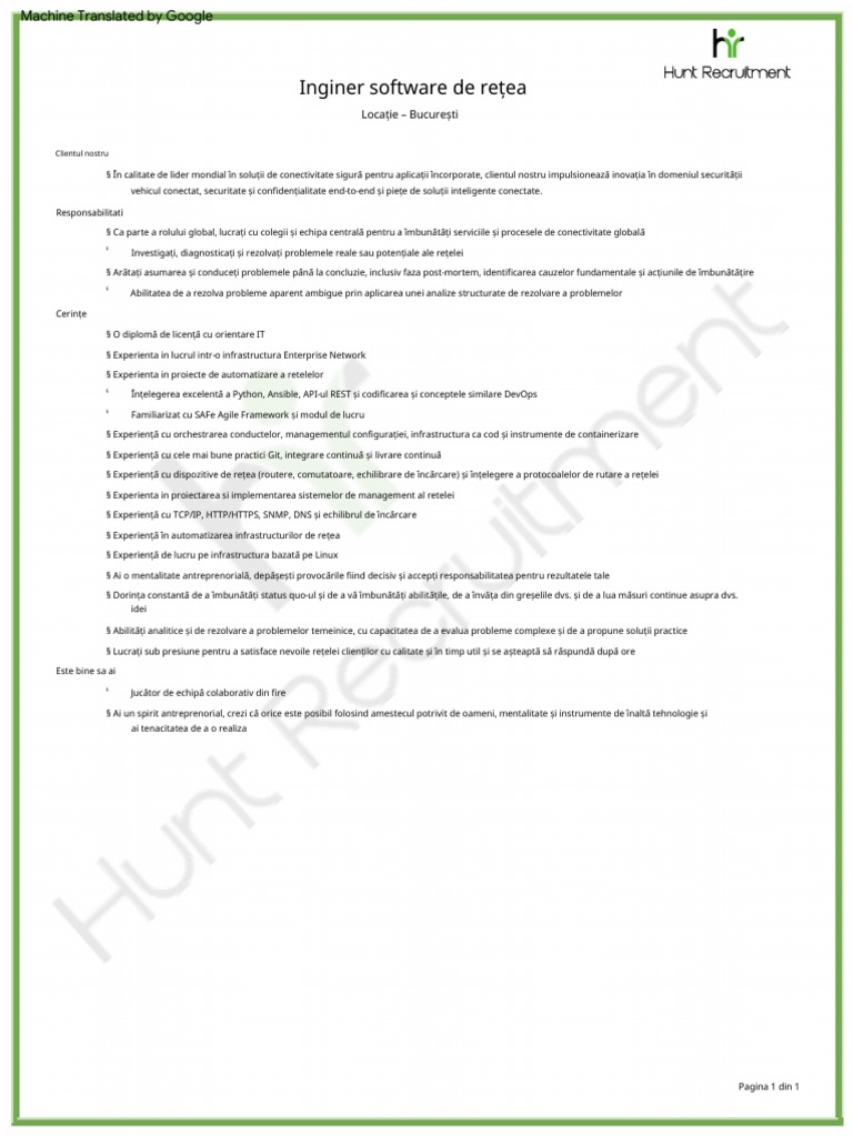 JD DevOps Networking Engineer - RO | PDF