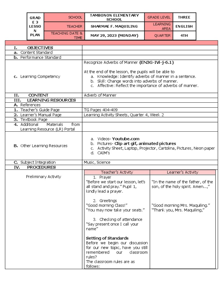 Detailed Lesson Plan in English 3 2ND Cot 1 | PDF | Adverb | Adjective