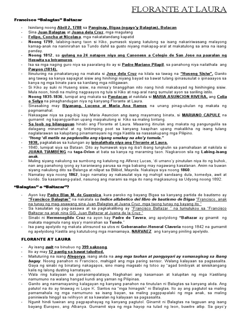 Florante at Laura Panimula Hand Out (1) | PDF