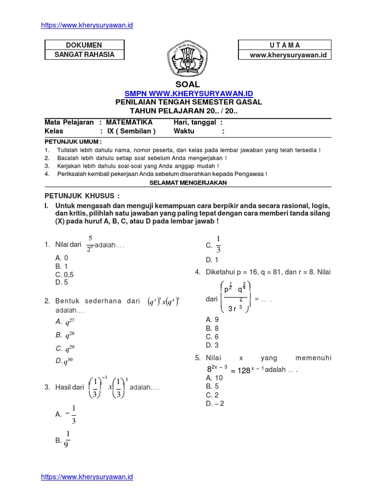 Soal PTS Matematika KLS 9 Sem.1 - WWW - Kherysuryawan.id | PDF