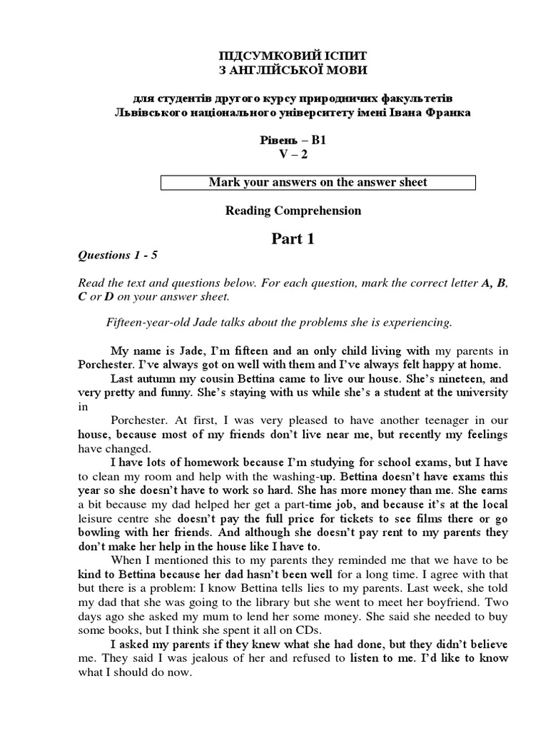 Questions 1 - 5: Read The Text and Questions Below. For Each Question ...