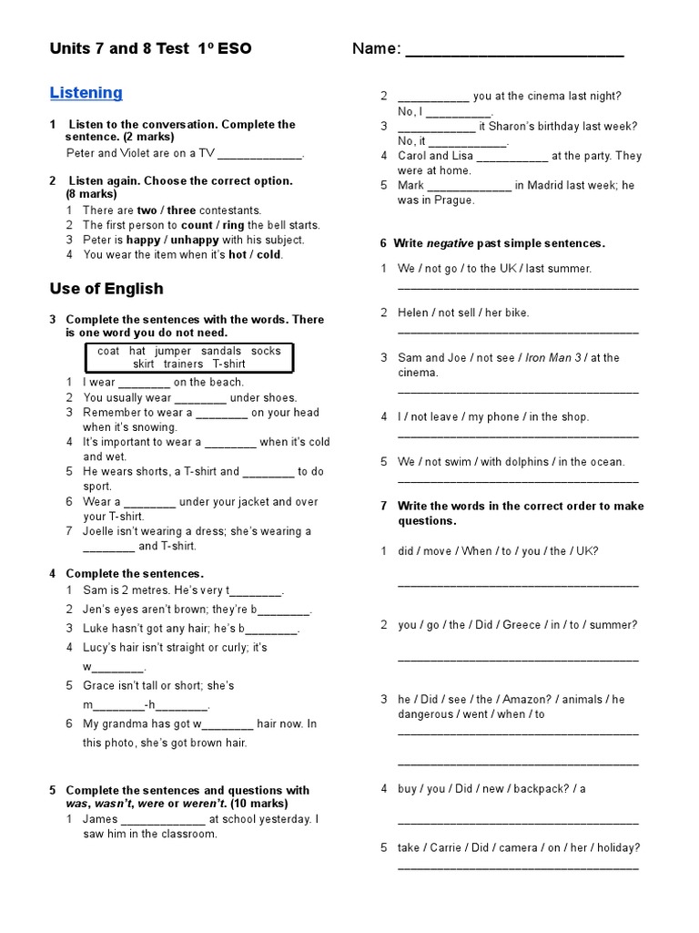 Units 7 and 8 Test 1º ESO | PDF