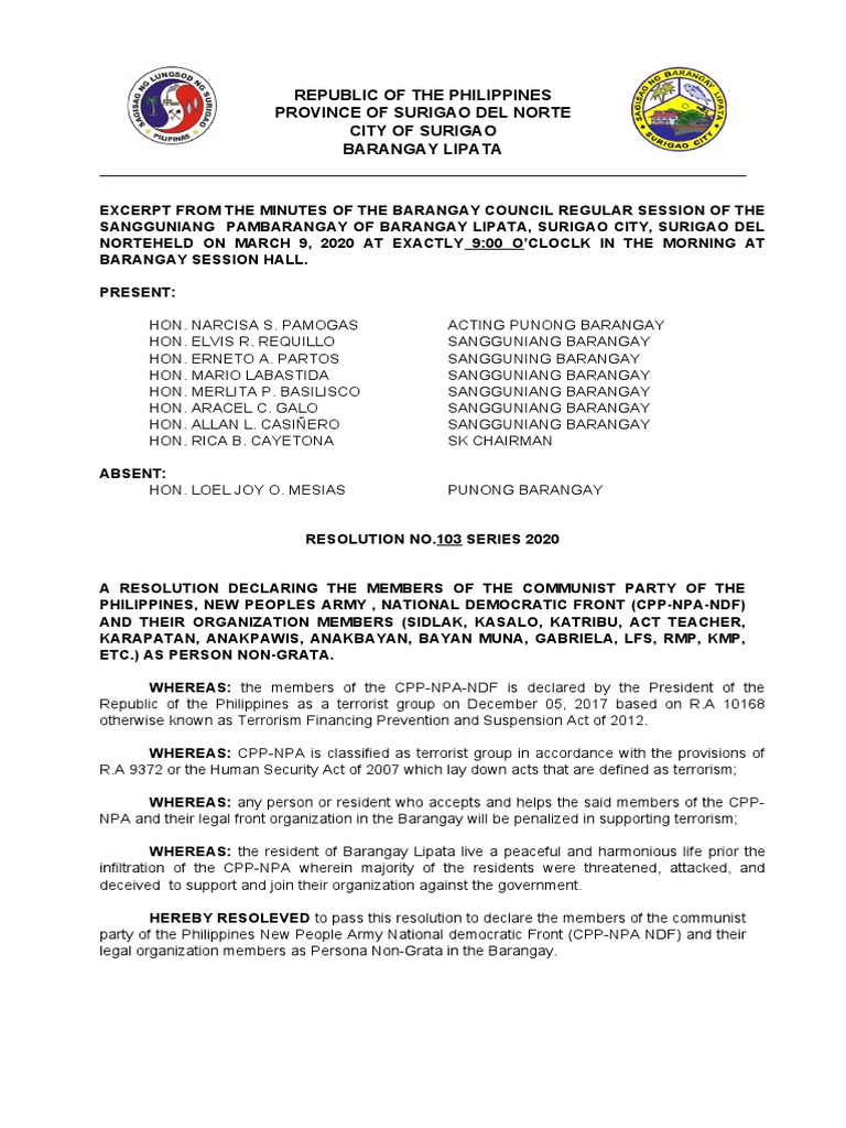 Resolution 103 Persona No Grata | PDF | Philippines | Human Rights Abuses