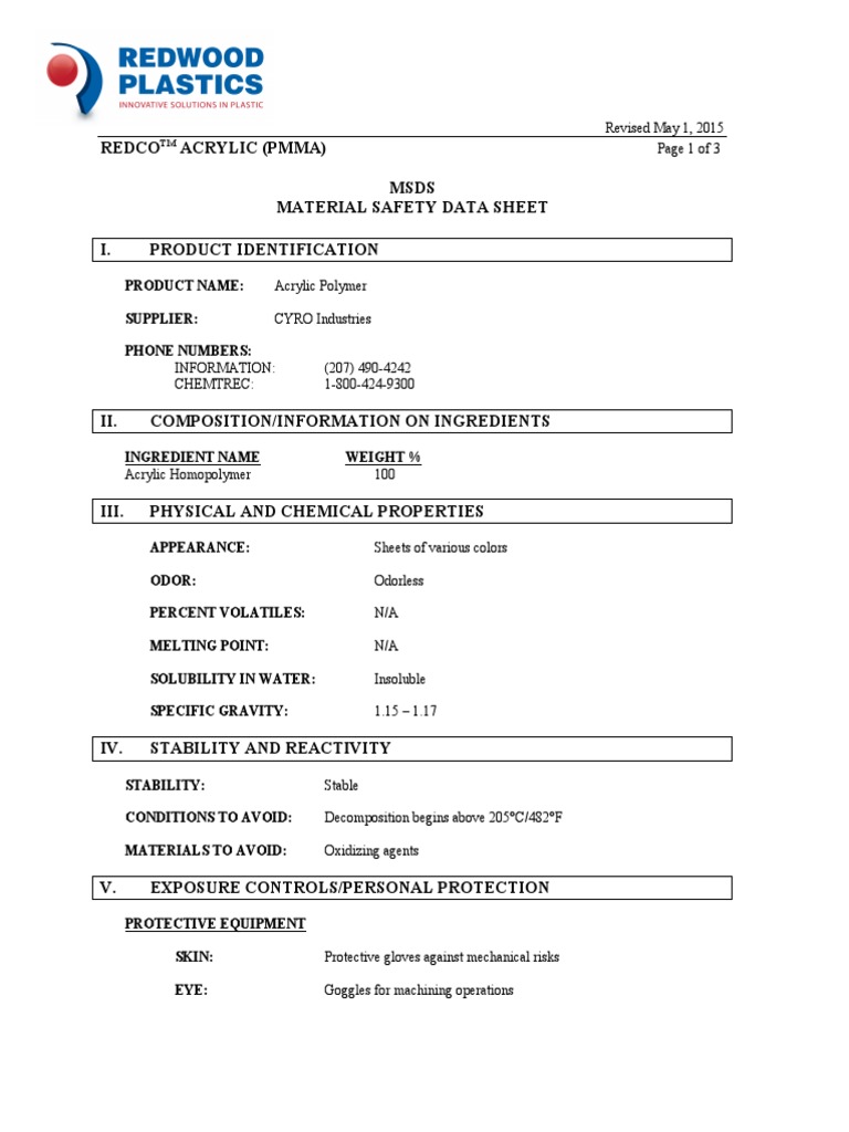 MSDS - Acrylic Homopolymer | PDF | Poly(Methyl Methacrylate) | Hazards