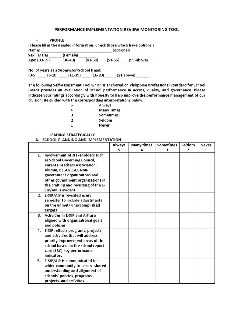 Performance Implementation Review Monitoring and Evaluation Tool | PDF