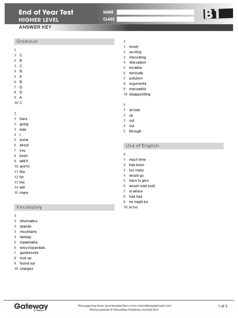 B1 End of Year Test Answer Key Higher | PDF | Cognitive Science ...