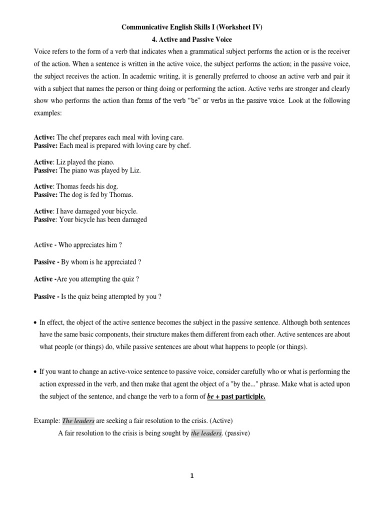 Communicative English I Worksheet IV, Active and Passive Voice | PDF | Perfect (Grammar) | Verb