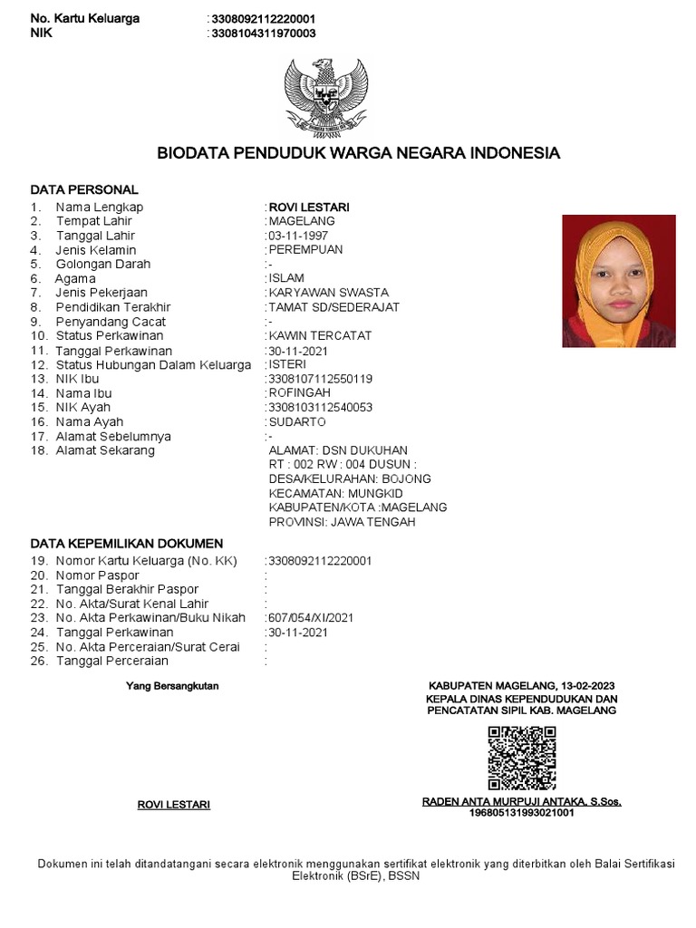 Biodata Penduduk Warga Negara Indonesia | PDF