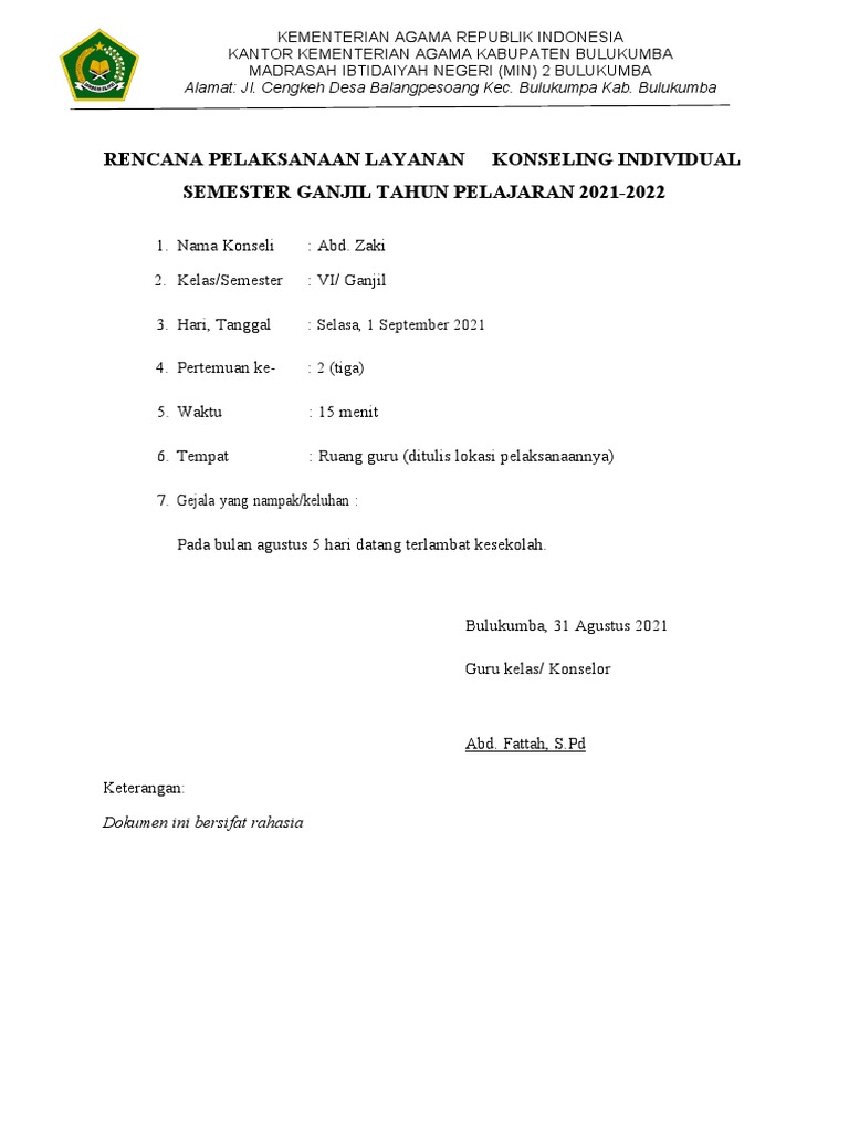 Layanan Konseling Individual MIN 2 Bulukumba | PDF