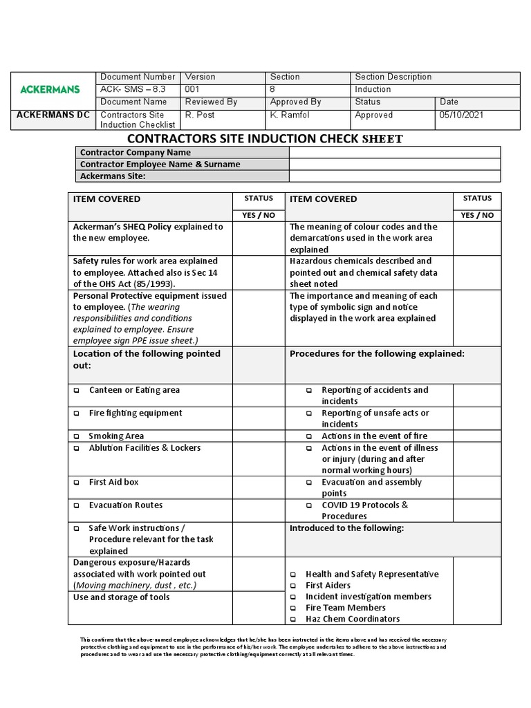 Contractors Site Induction Checksheet | PDF | Personal Protective ...