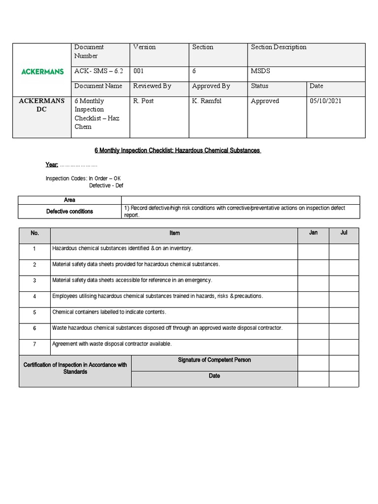 Monthly Checklist - Haz Chem | PDF