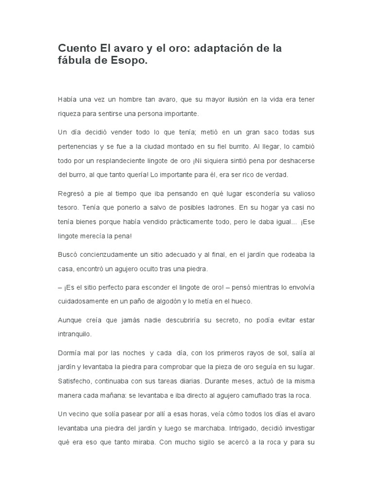 El avaro y su oro: fábula de Esopo | PDF