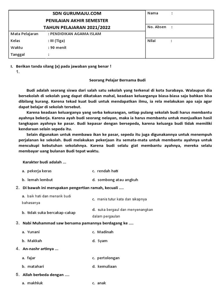 Soal Pas Pai Kelas 3 Semester 1 | PDF