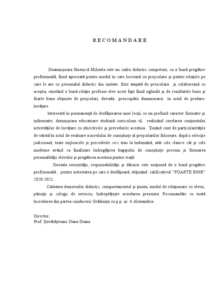 Model Recomandare Caracterizare | PDF