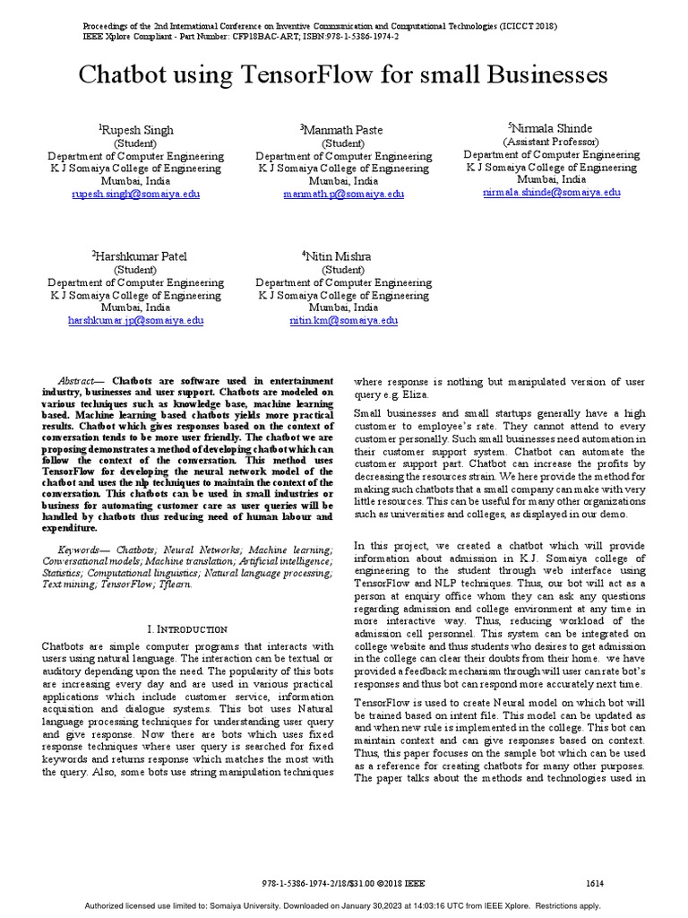Chatbot Using TensorFlow For Small Businesses | PDF | Cognitive Science | Computer Science