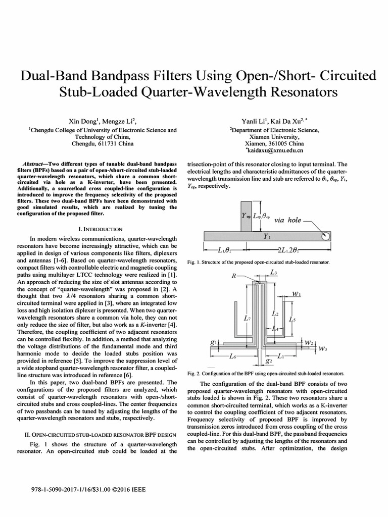 Dualband bandpass filter using open or short circuited stubs of quarter ...
