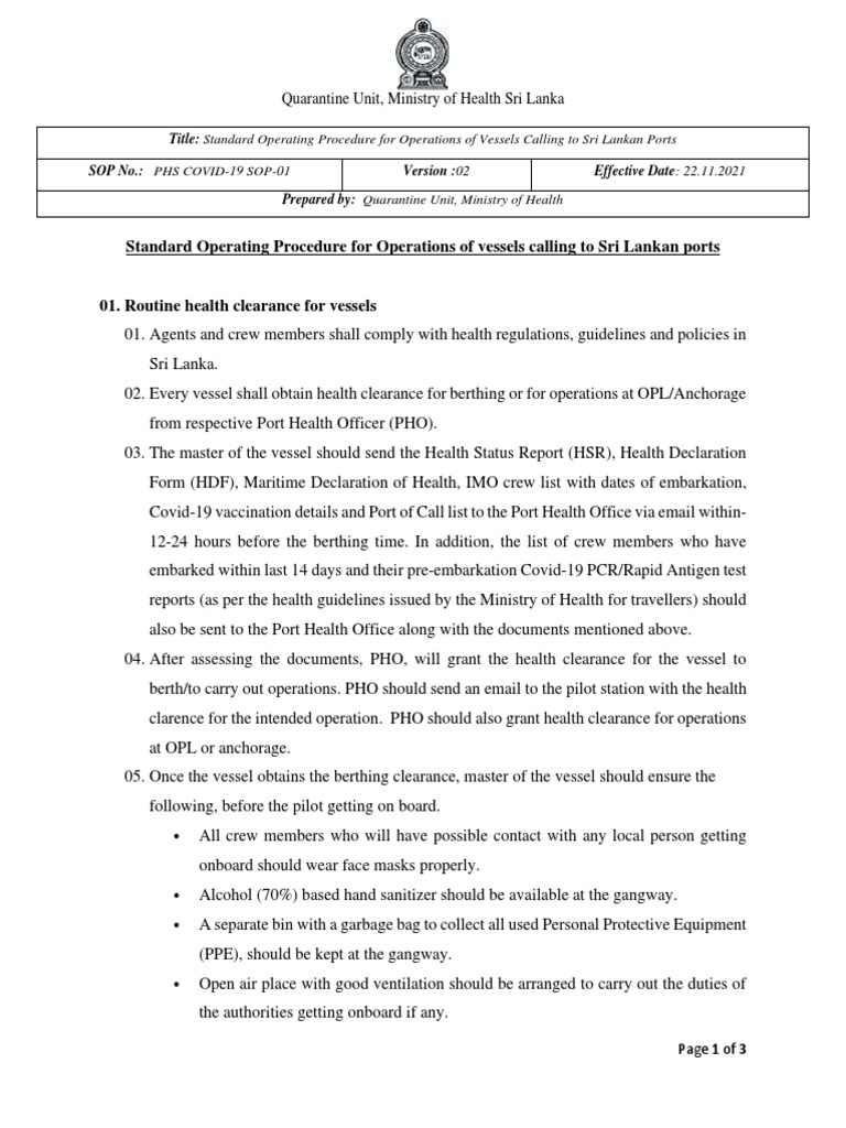 SOP 01 Version 02 Vessel Operations 1 | PDF | Quarantine | Personal Protective Equipment