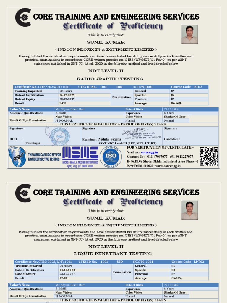 Sunil Kumar RT, PT LEVEL II CERTIFICATES | PDF