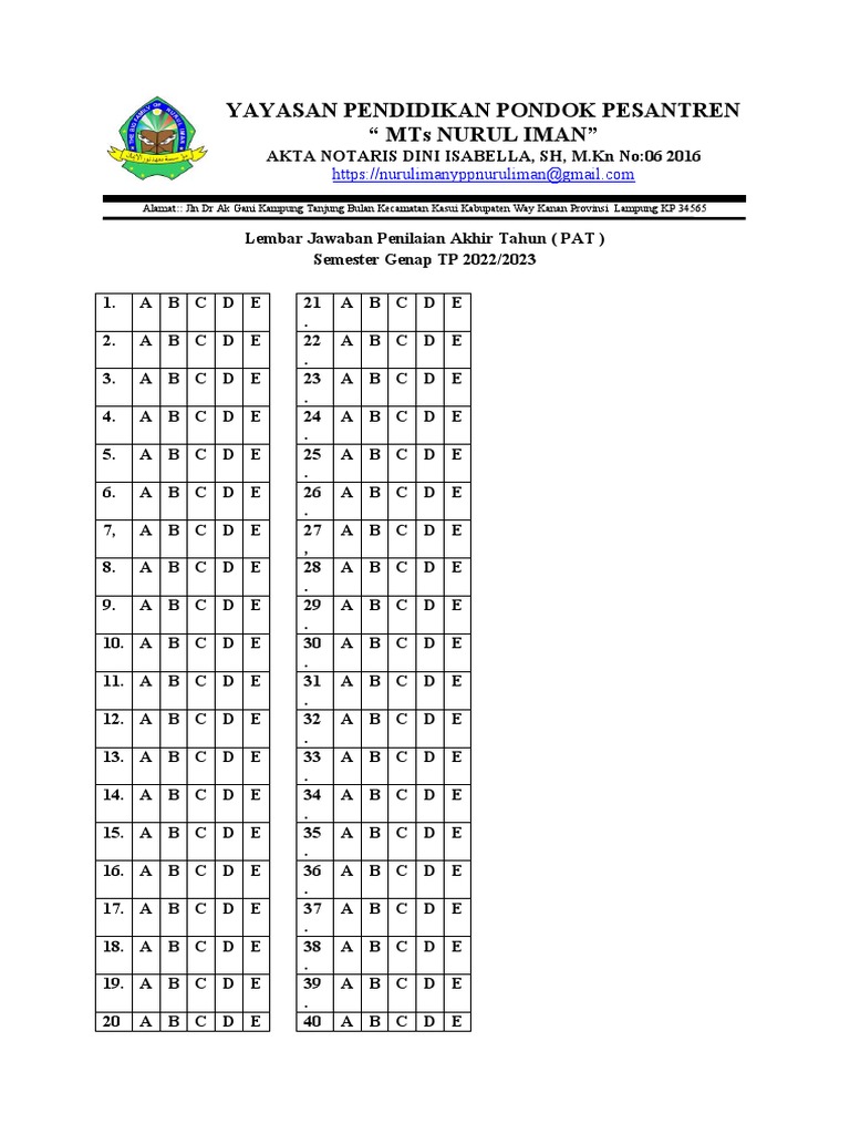 MTs Nurul Iman PAT Answer Sheet | PDF
