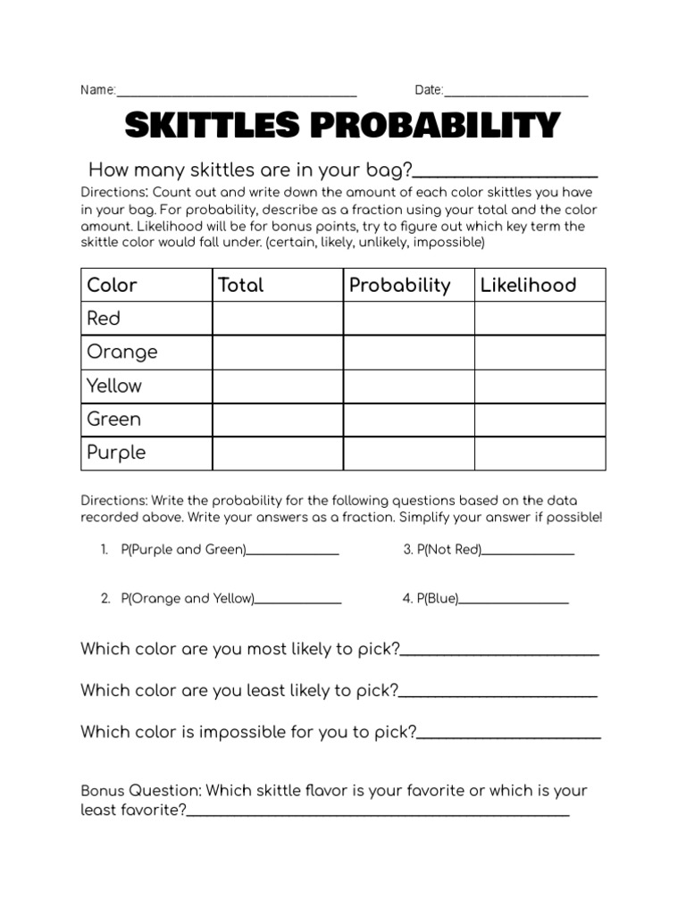 Skittles Probability Worksheet | PDF | Teaching Methods & Materials