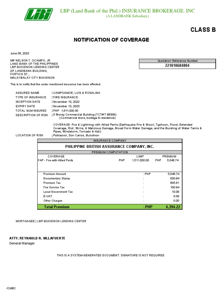 Campoamor, Luis & Rosalina Fire Coc Nov 2022-2023 | PDF | Insurance ...