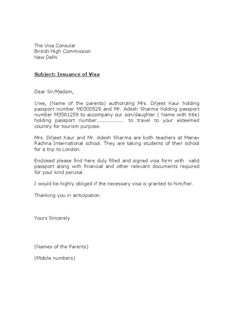 Uk Visa Authorization Letter From Parents | PDF