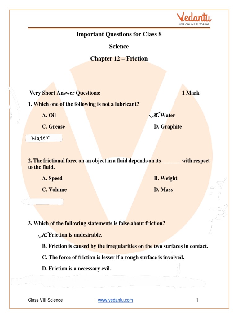 Class 8 Friction: Important Questions | PDF | Friction | Force