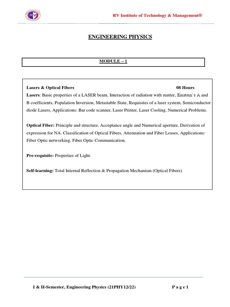 Module 1- Lasers & Optical Fibers-SN-Final (1) | PDF | Laser | Optical ...