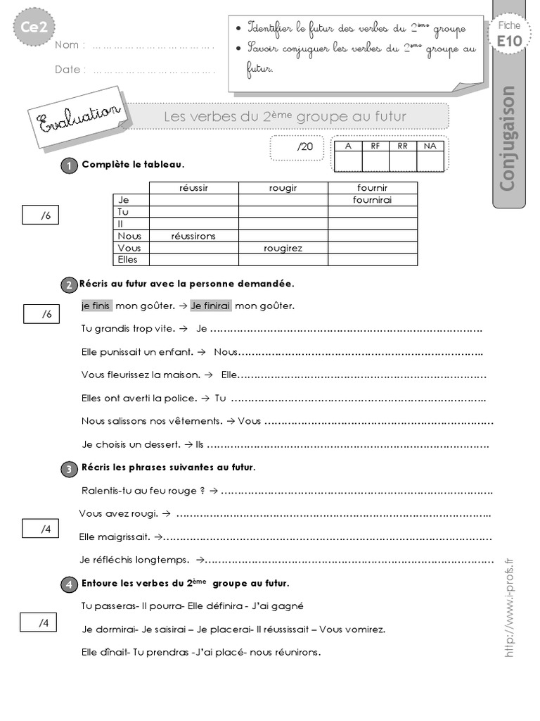 Conjugaison - Ce2 - Evaluation - 2eme Groupe Futur | PDF | Syntaxe ...